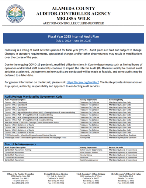 Internal Audit Plans | Auditor-Controller | Alameda County | Alameda ...